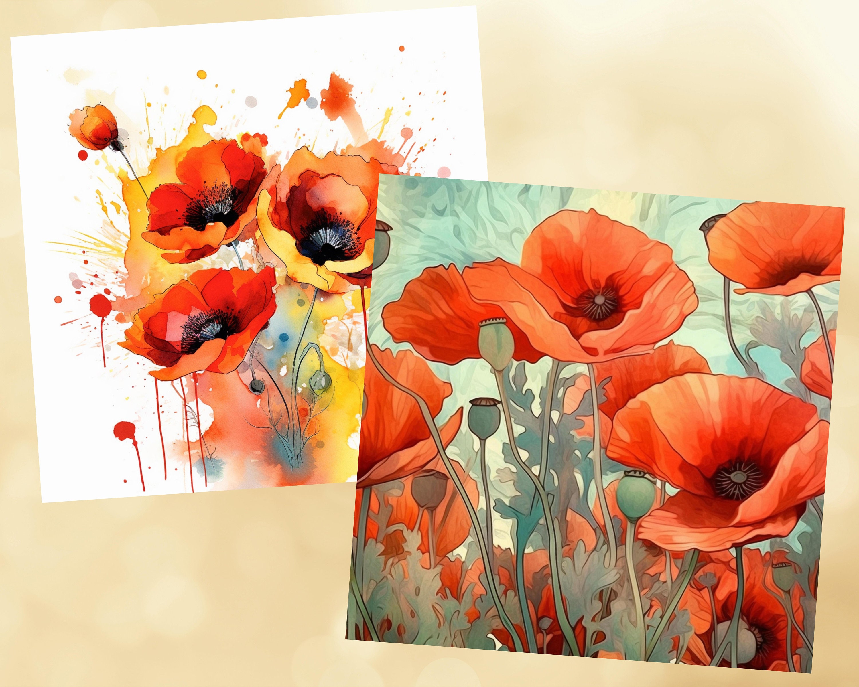 Printable Red Poppies Digital Paper Red Poppy Pages Vintage - Etsy