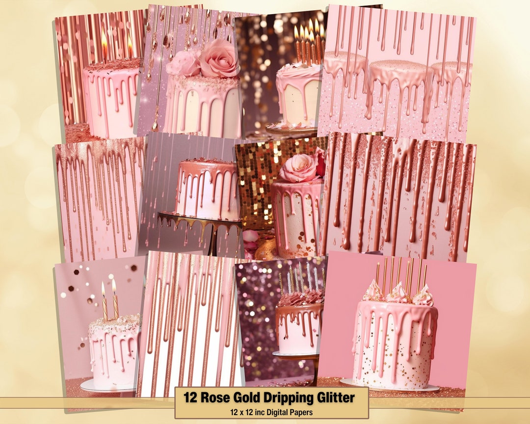 Printable Rose Gold Dripping Glitter Digital Papers, Pink Drips Page ...