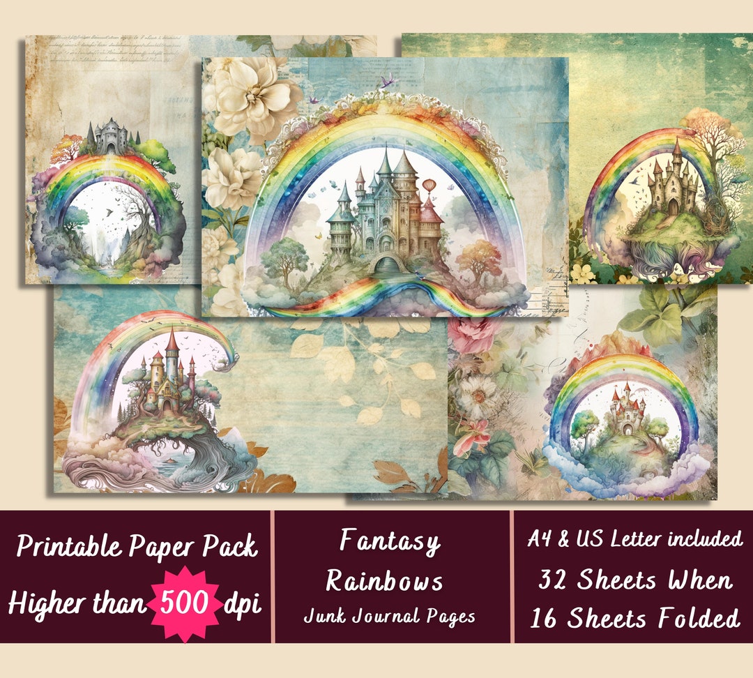 Printable Fantasy Watercolor Rainbow Digital Paper, Fairytale Ephemera ...