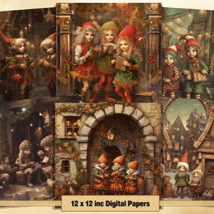 Printable Christmas Elves Digital Papers, Xmas Elf Pages, Background ...