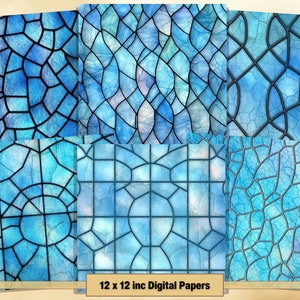 Printable Baby Blue Stained Glass Digital Papers, Blue Shimmer Pages ...