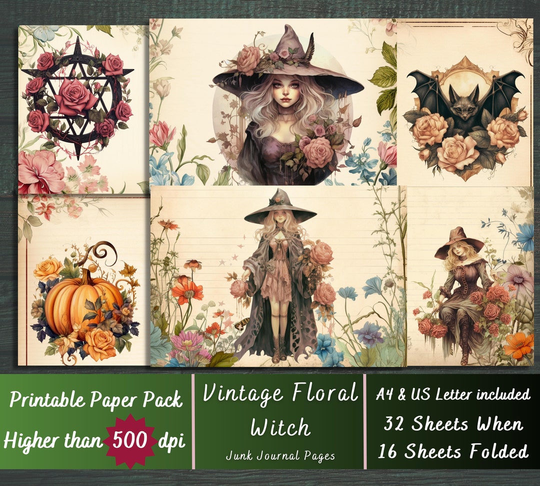 Printable Vintage Floral Witch Digital Paper, Witchy Sublimation ...