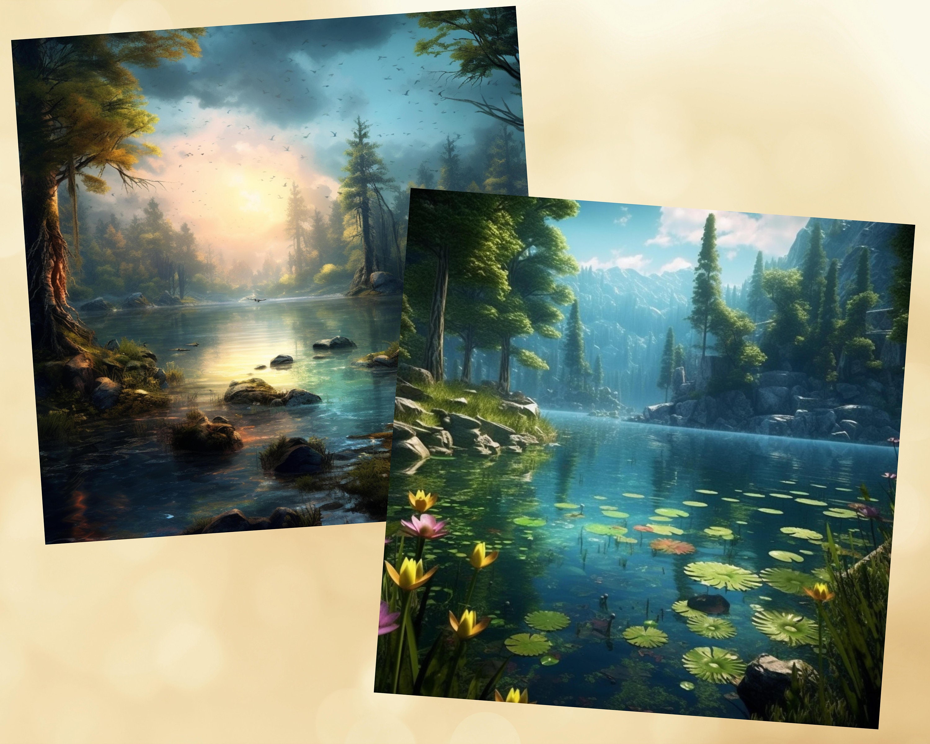 Printable Enchanted Lake Digital Papers, Forest Lake Pages, Landscape ...