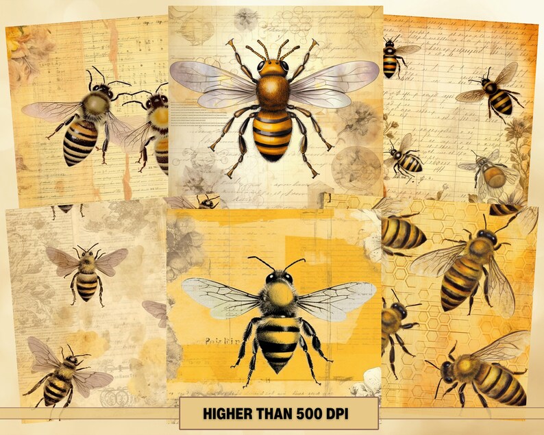 Printable Honey Bee Digital Papers, Queen Bee Pages, Vintage Beehives ...