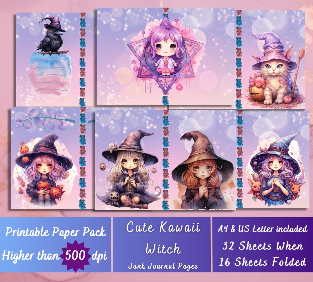 Printable Cute Kawaii Witch Digital Paper, Witches Ephemera, Watercolor ...