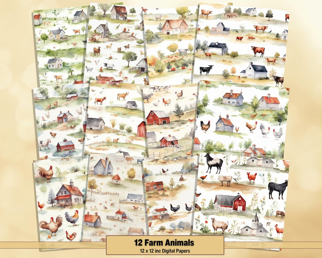 Printable Farm Animals Digital Paper, Countryside Pages, Vintage ...
