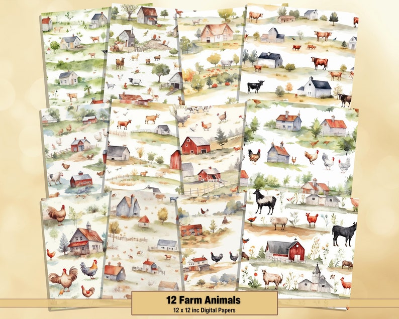 Printable Farm Animals Digital Paper, Countryside Pages, Vintage ...
