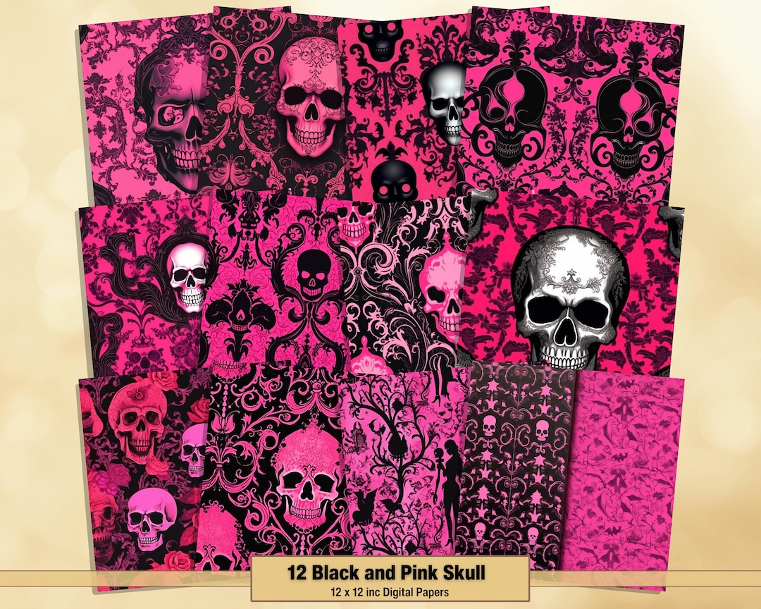 Printable Black & Pink Skull Patterns Digital Papers, Gothic Pages ...