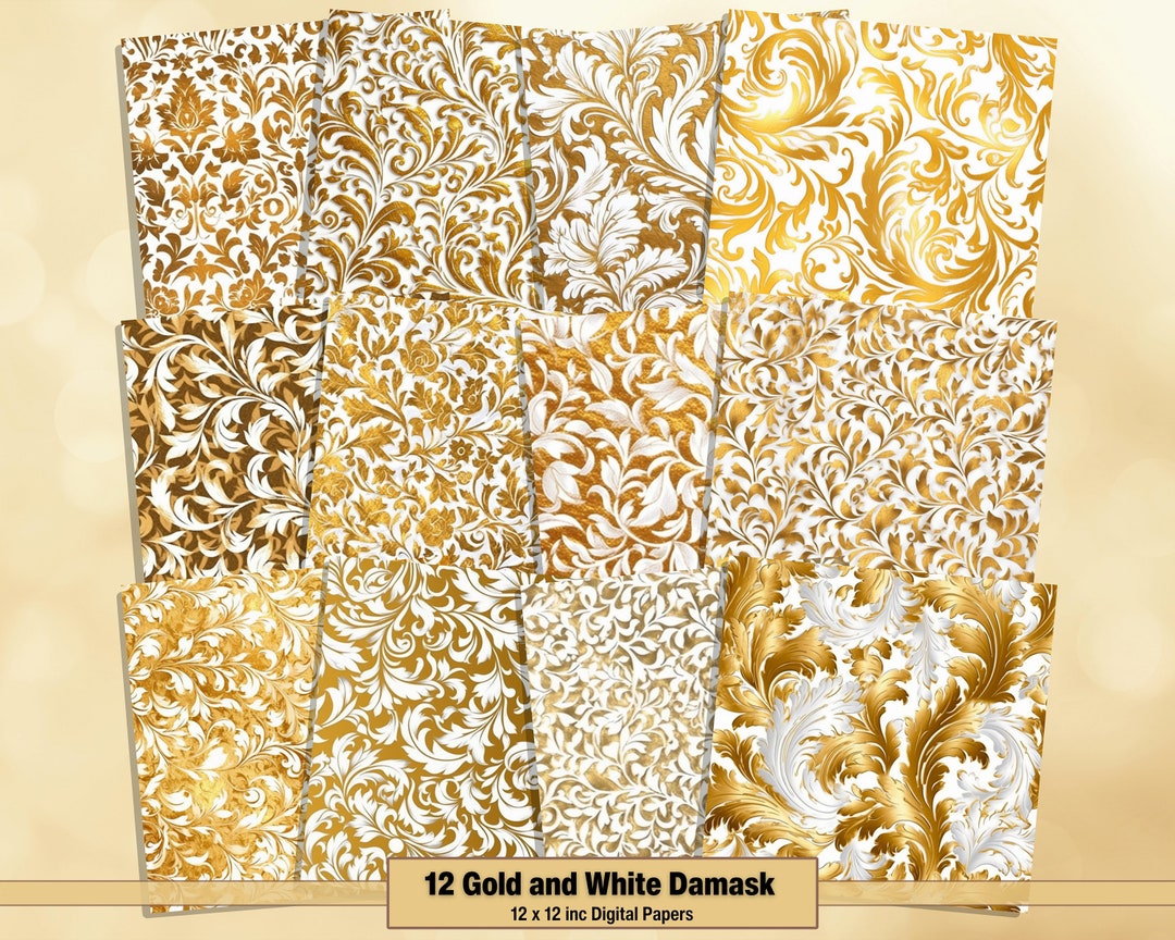 Printable Gold and White Damask Digital Papers, Gold Patterns Pages ...