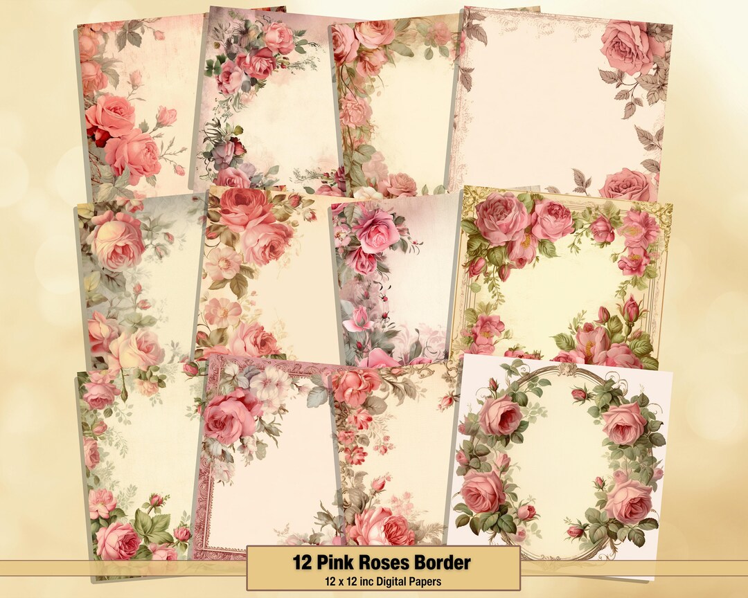 Printable Pink Roses Border Digital Papers, Shabby Chic Pages, Floral ...