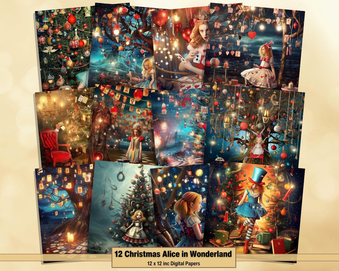 Printable Christmas Alice in Wonderland Digital Papers, Alice Pages ...