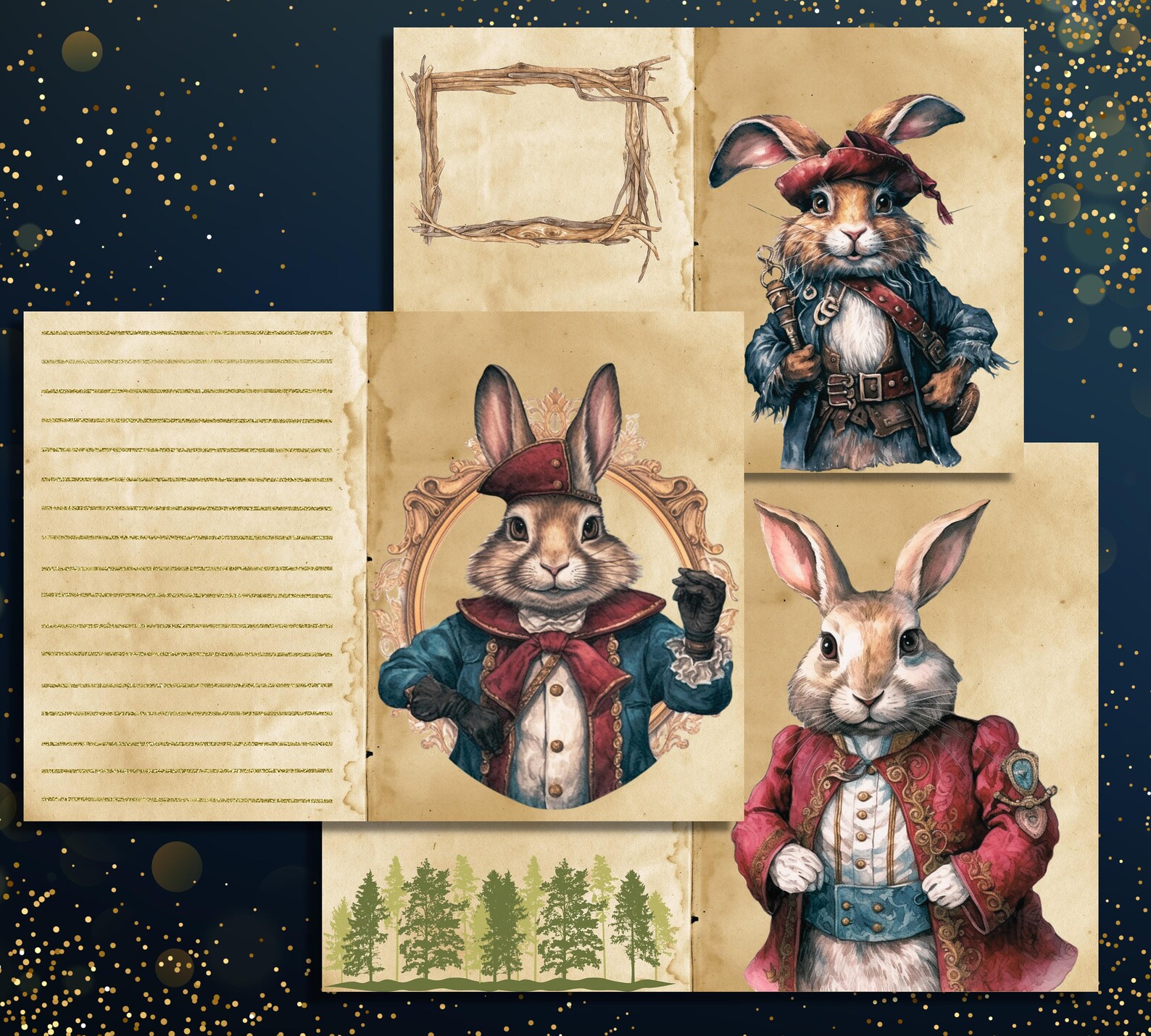 Printable Victorian Rabbit Digital Paper, Dressed Animals Ephemera ...