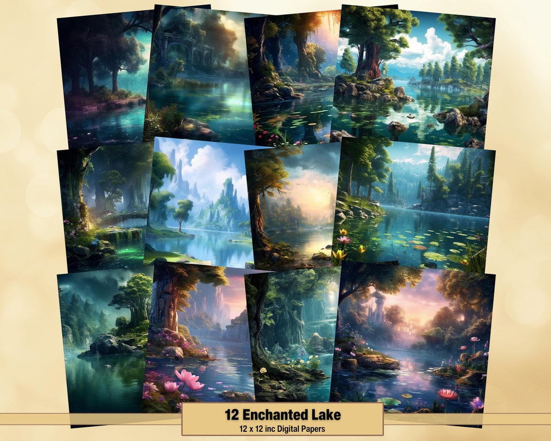 Printable Enchanted Lake Digital Papers, Forest Lake Pages, Landscape ...
