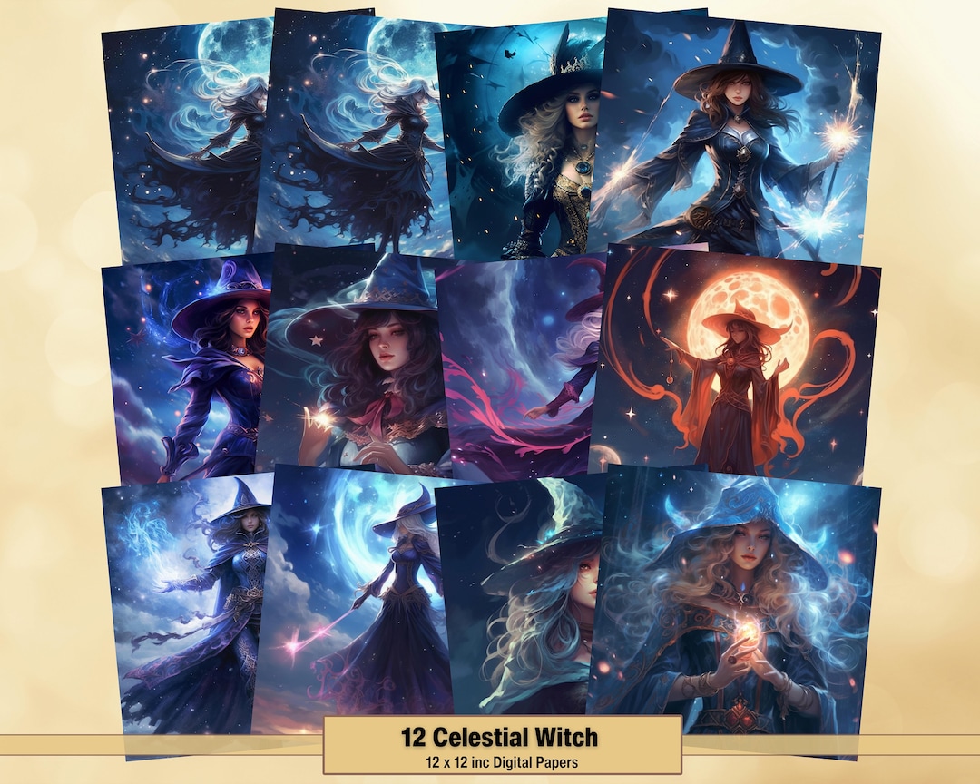 Printable Celestial Witch Digital Paper, Cosmic Witches Pages, Witchy ...