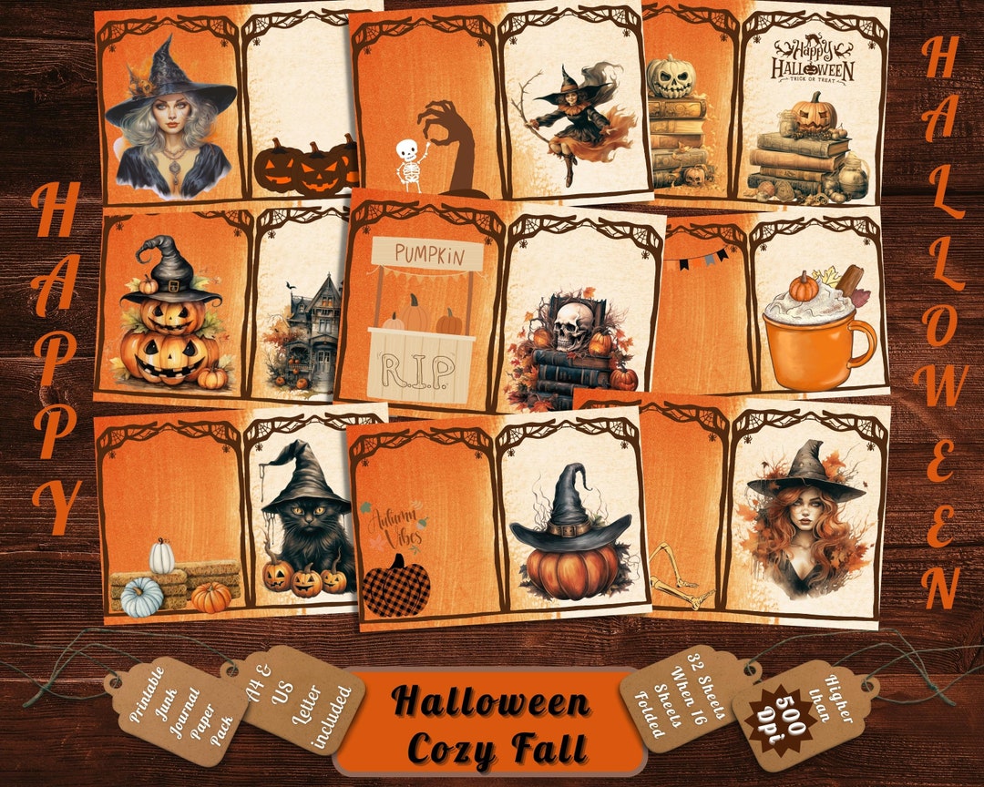 Printable Cozy Fall Halloween Digital Paper, Halloween Ephemera, Jack O ...