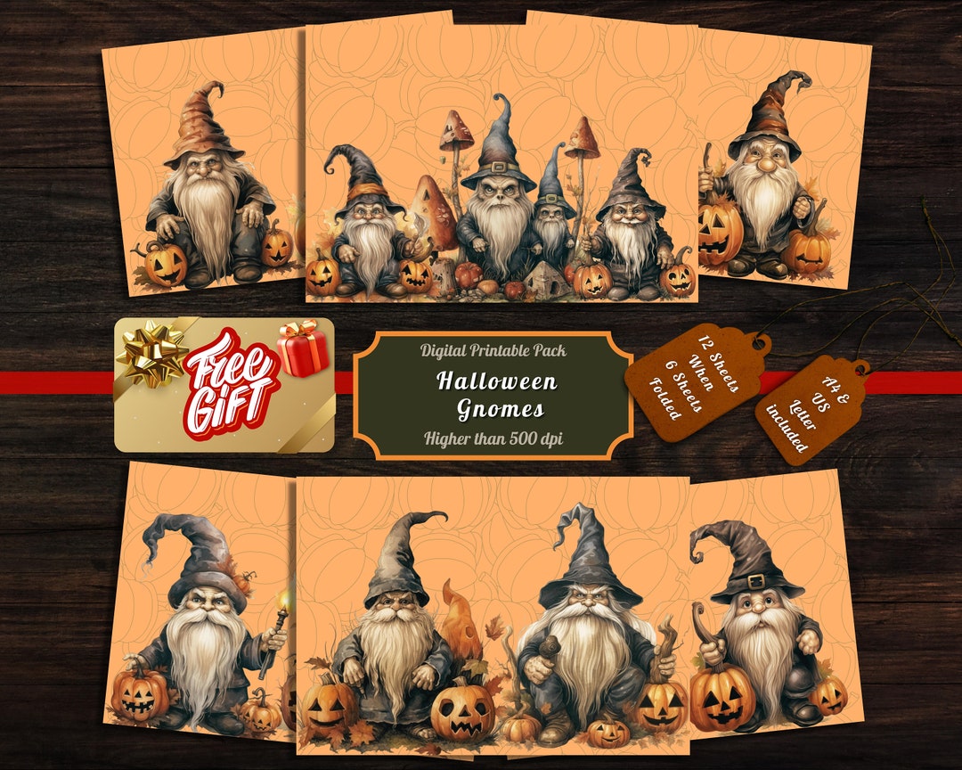 Printable Halloween Gnomes Digital Papers, Pumpkin Gnome Ephemera, Fall ...