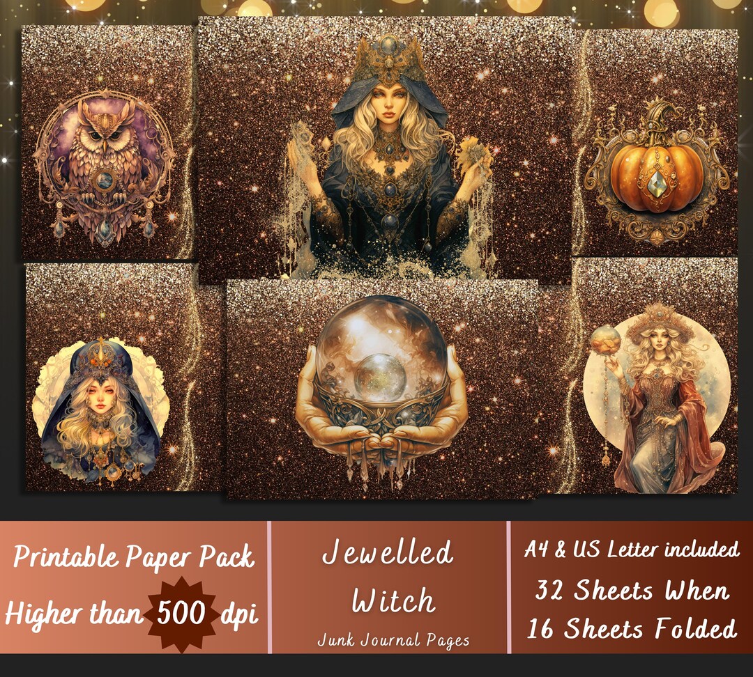 Printable Jewelled Witch Digital Paper, Gold Witchy Ephemera ...
