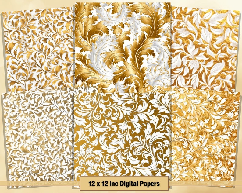 Printable Gold and White Damask Digital Papers, Gold Patterns Pages ...
