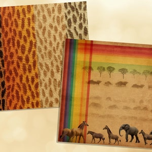 Printable Kraft Rainbow Safari Digital Papers, African Animals Pages ...