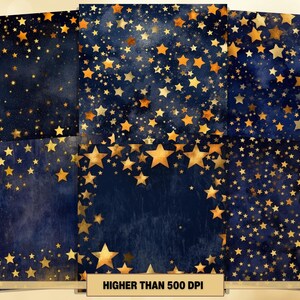 Printable Golden Starry Night Digital Papers, Stars Page, Blue Grunge ...
