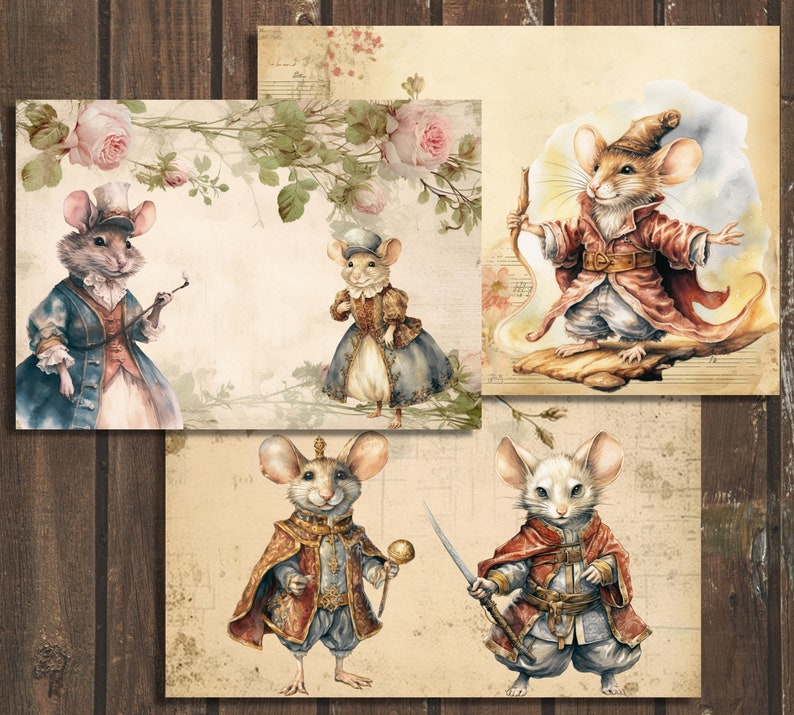 Printable Mouse Watercolour Digital Paper, Dressed Animals Ephemera ...