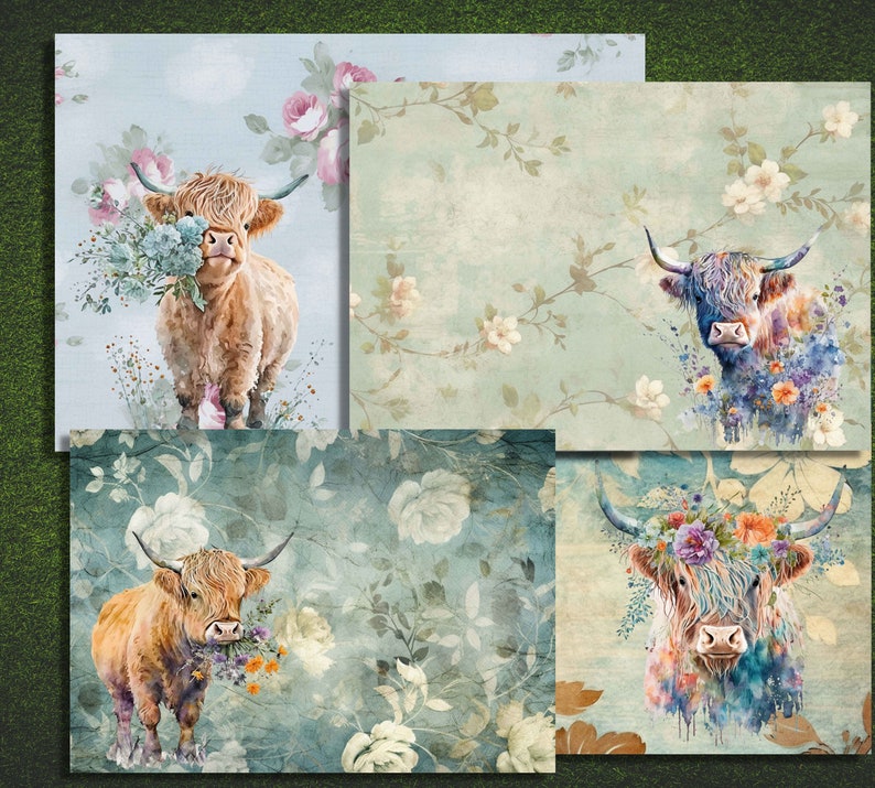Printable Floral Highland Cow Digital Paper, Vintage Ephemera ...