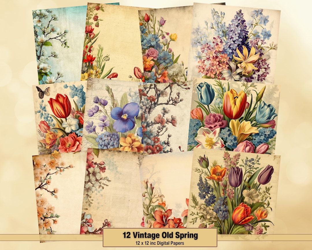 Printable Vintage Old Spring Digital Papers, Flowers Pages, Background ...