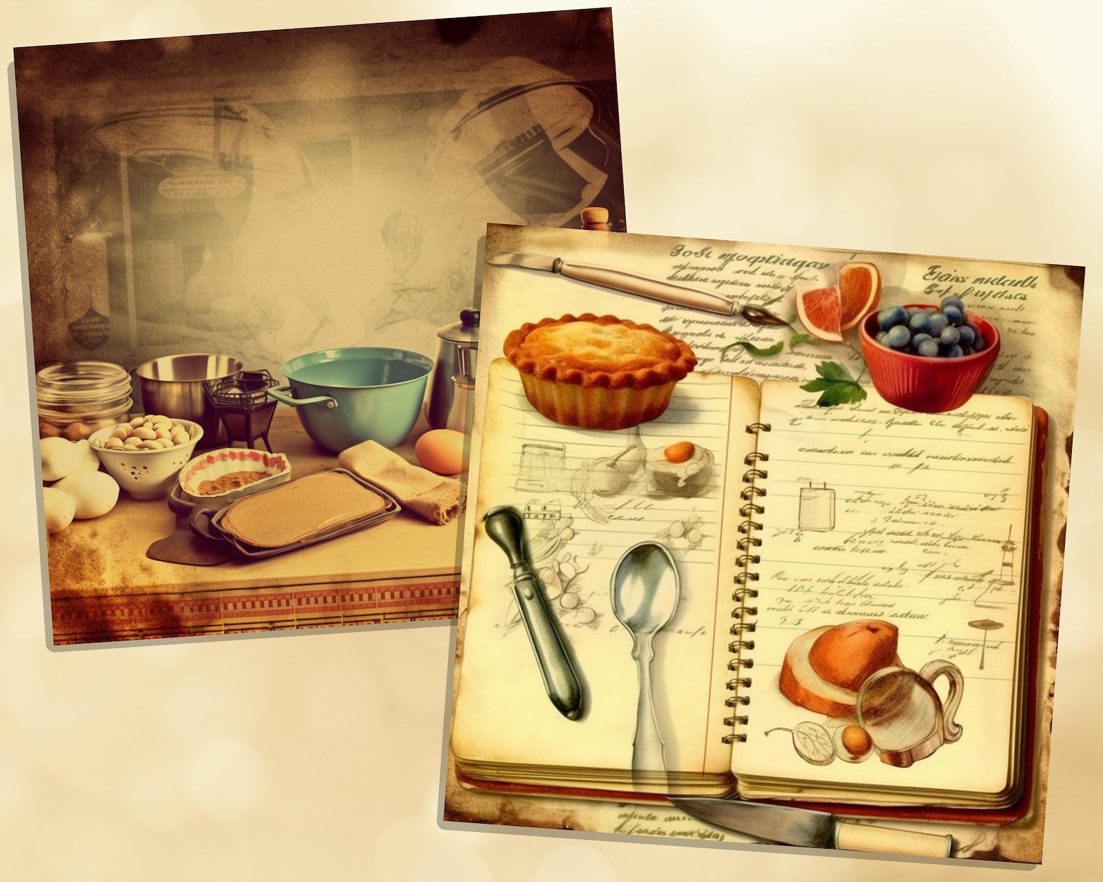Printable Vintage Cooking Kitchen Digital Paper, Cookbook Pages ...