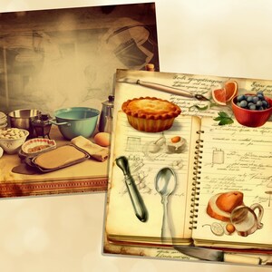 Printable Vintage Cooking Kitchen Digital Paper, Cookbook Pages ...