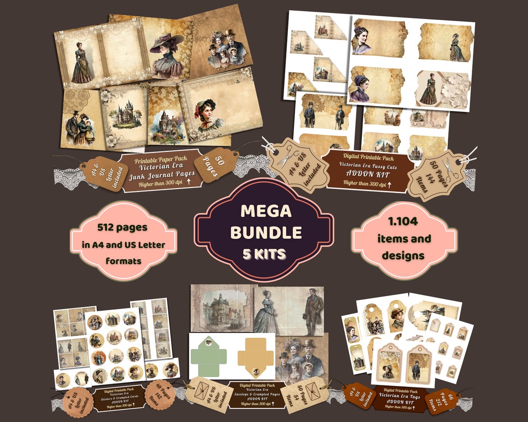 Printable Victorian Era Digital Papers Mega Bundle, Fussy Cuts Kit ...
