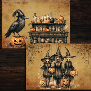 Printable Halloween Witchcraft Digital Paper, Pumpkin Witch Sisters ...
