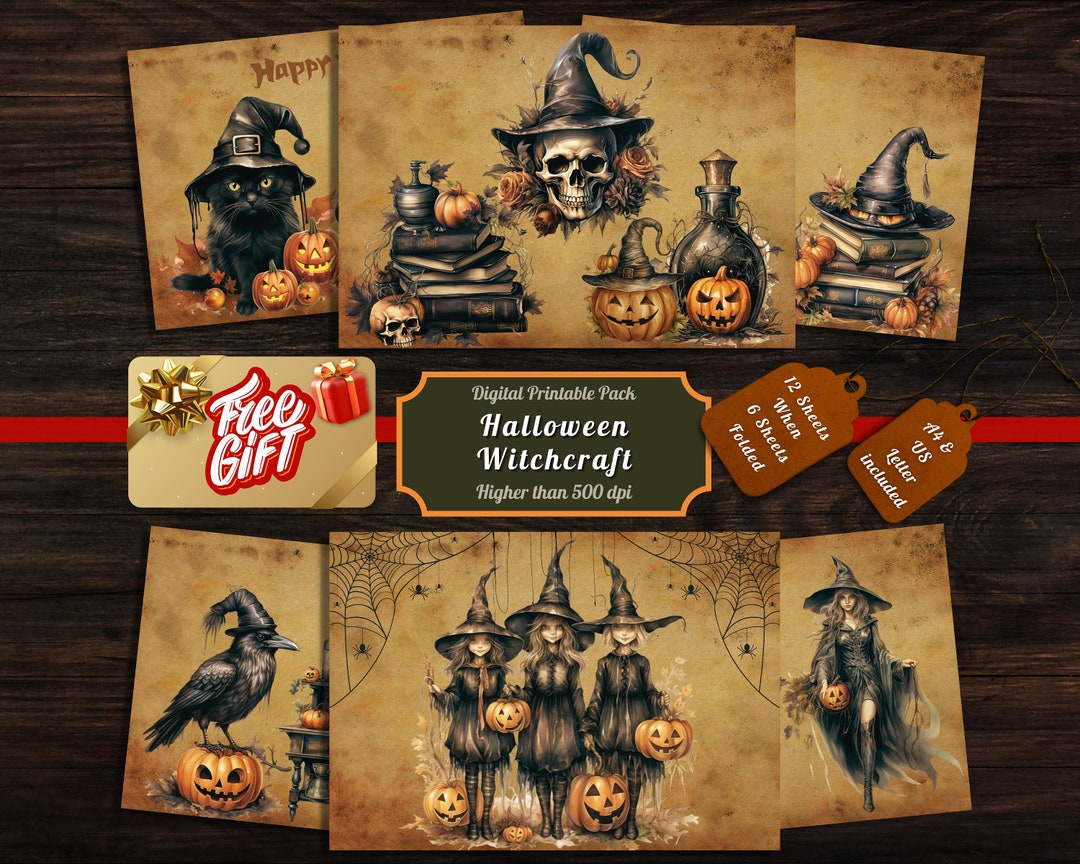 Printable Halloween Witchcraft Digital Paper, Pumpkin Witch Sisters ...