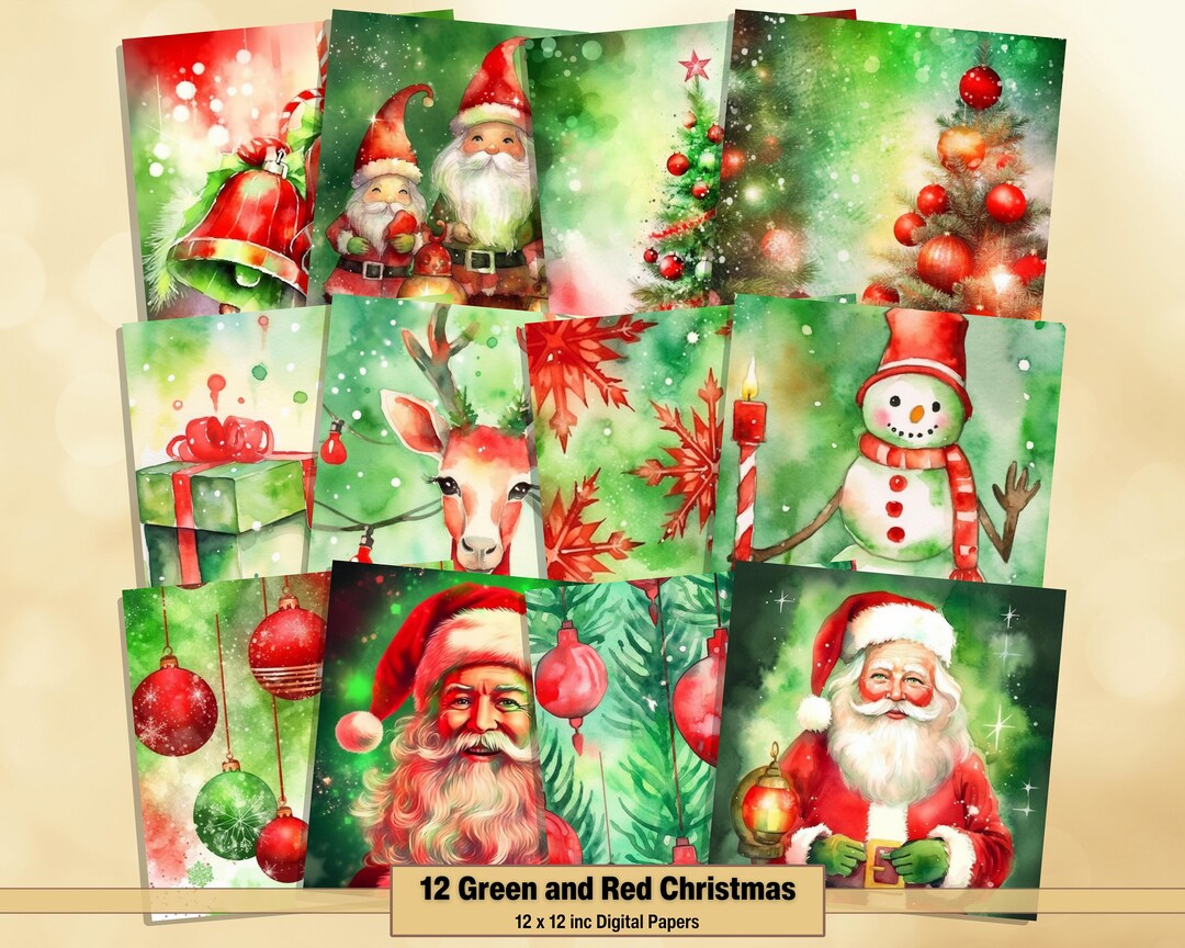 Printable Green and Red Christmas Bundle Digital Papers, Xmas Pages ...