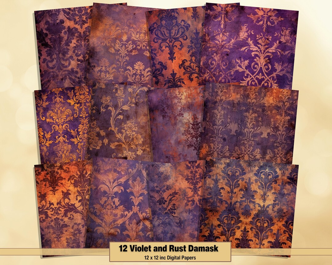 Printable Violet & Rust Damask Digital Papers, Gothic Pages, Background ...