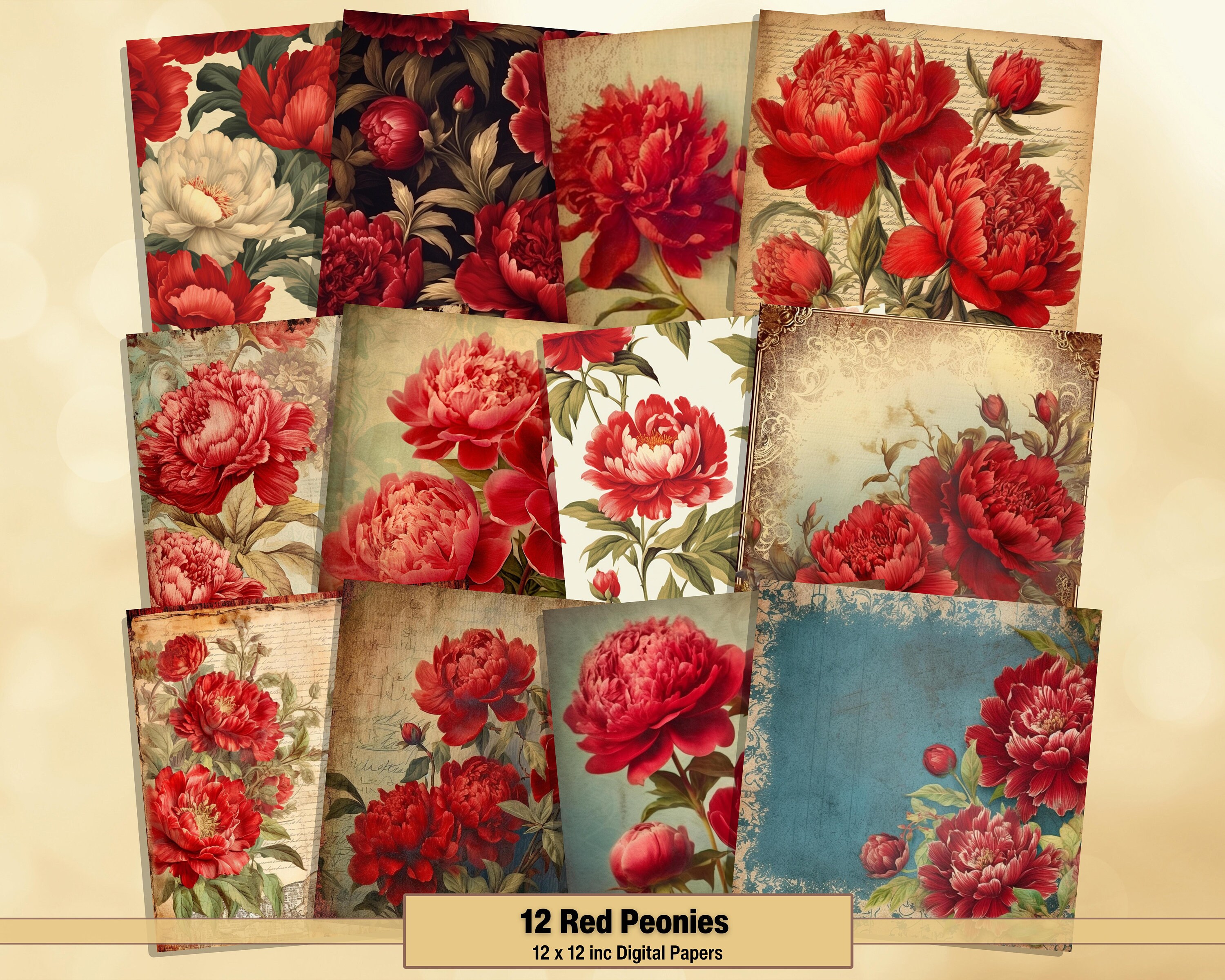 Printable Red Peonies Digital Papers, Floral Pages, Peony Background ...