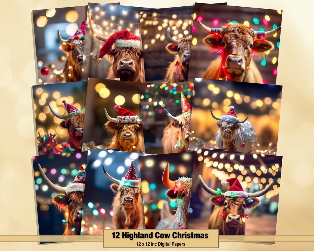 Printable Highland Cow Christmas Digital Papers, Holiday Cow Pages ...