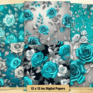 Printable Teal and Silver Floral Digital Papers, Turquoise Rose Page ...