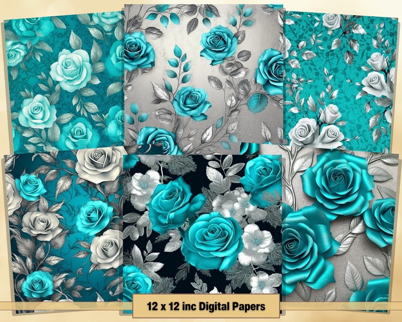 Printable Teal and Silver Floral Digital Papers, Turquoise Rose Page ...