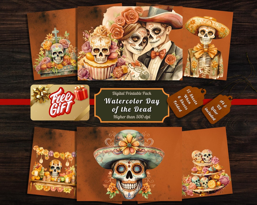 Printable Watercolor Day of the Dead Digital Paper, Dia De Los Muertos ...
