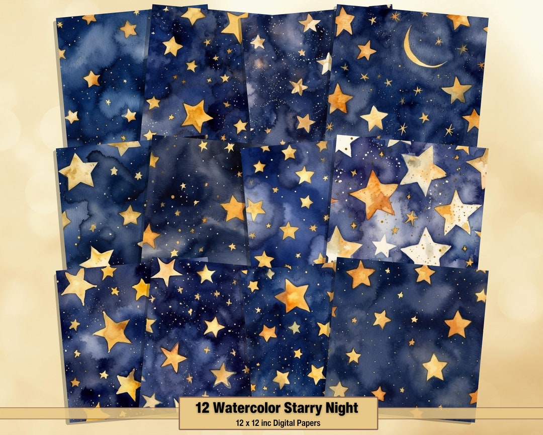 Printable Watercolor Starry Night Digital Papers, Celestial Pages ...
