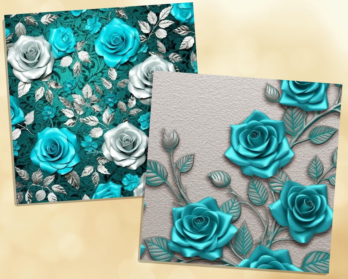 Printable Teal and Silver Floral Digital Papers, Turquoise Rose Page ...