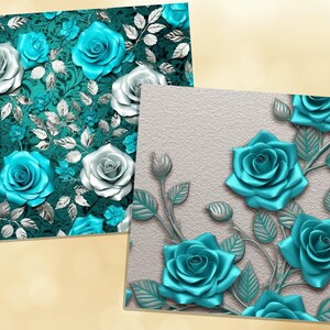 Printable Teal and Silver Floral Digital Papers, Turquoise Rose Page ...
