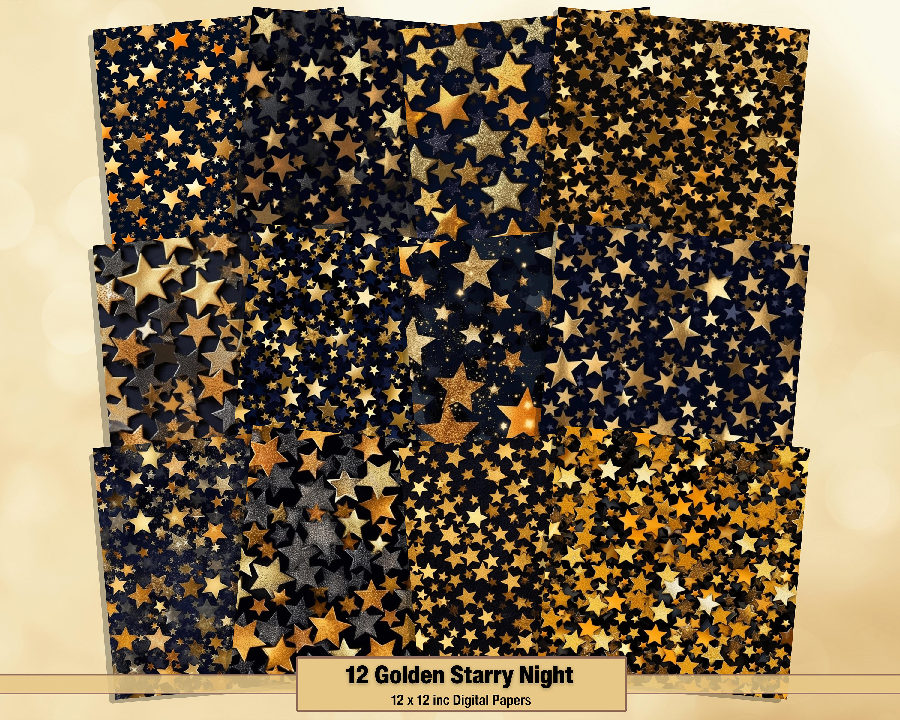 Printable Golden Starry Night Digital Papers, Gold Stars Pages, Stars ...
