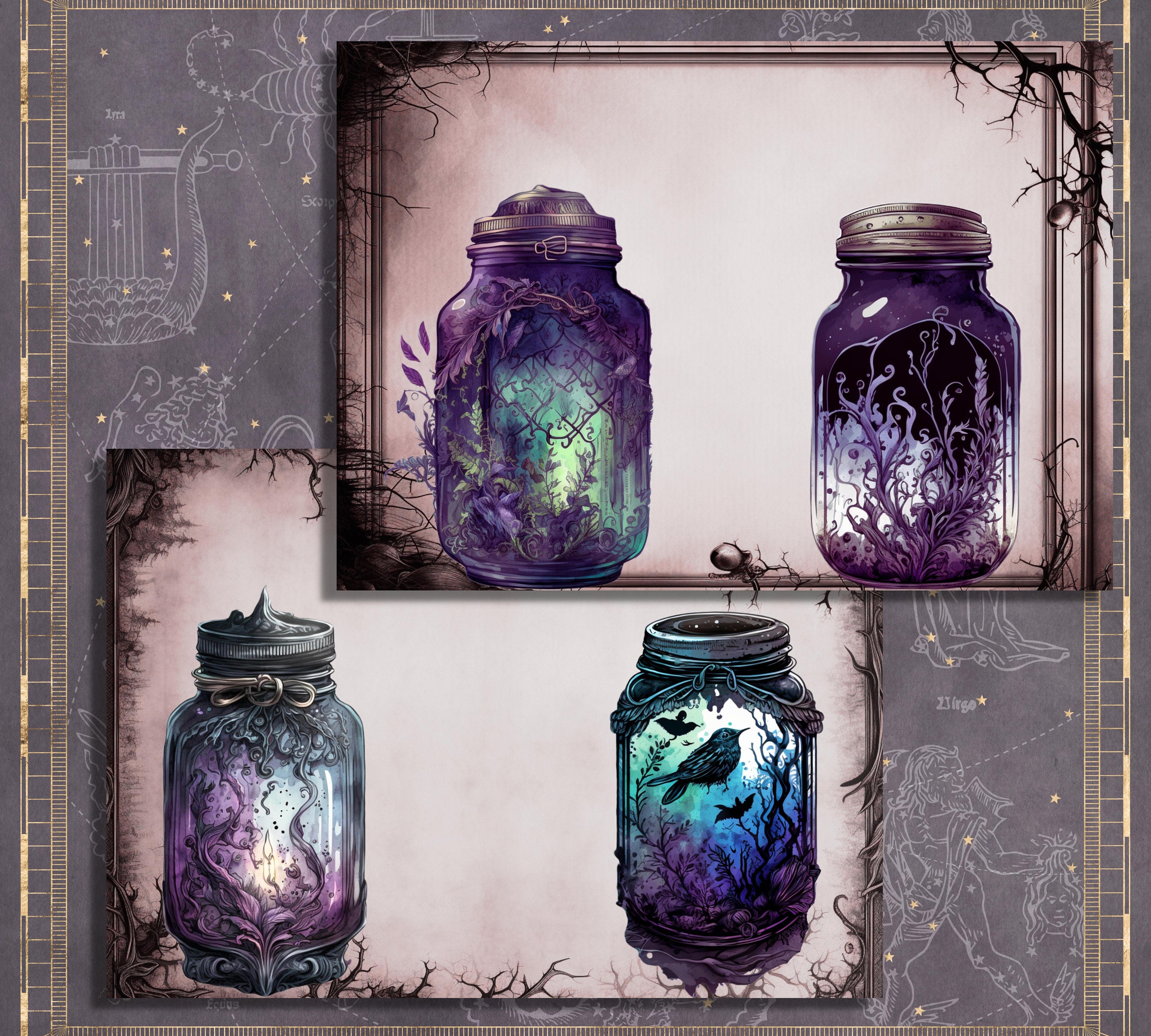 Printable Gothic Jars Digital Paper Mason Jar Ephemera - Etsy Australia