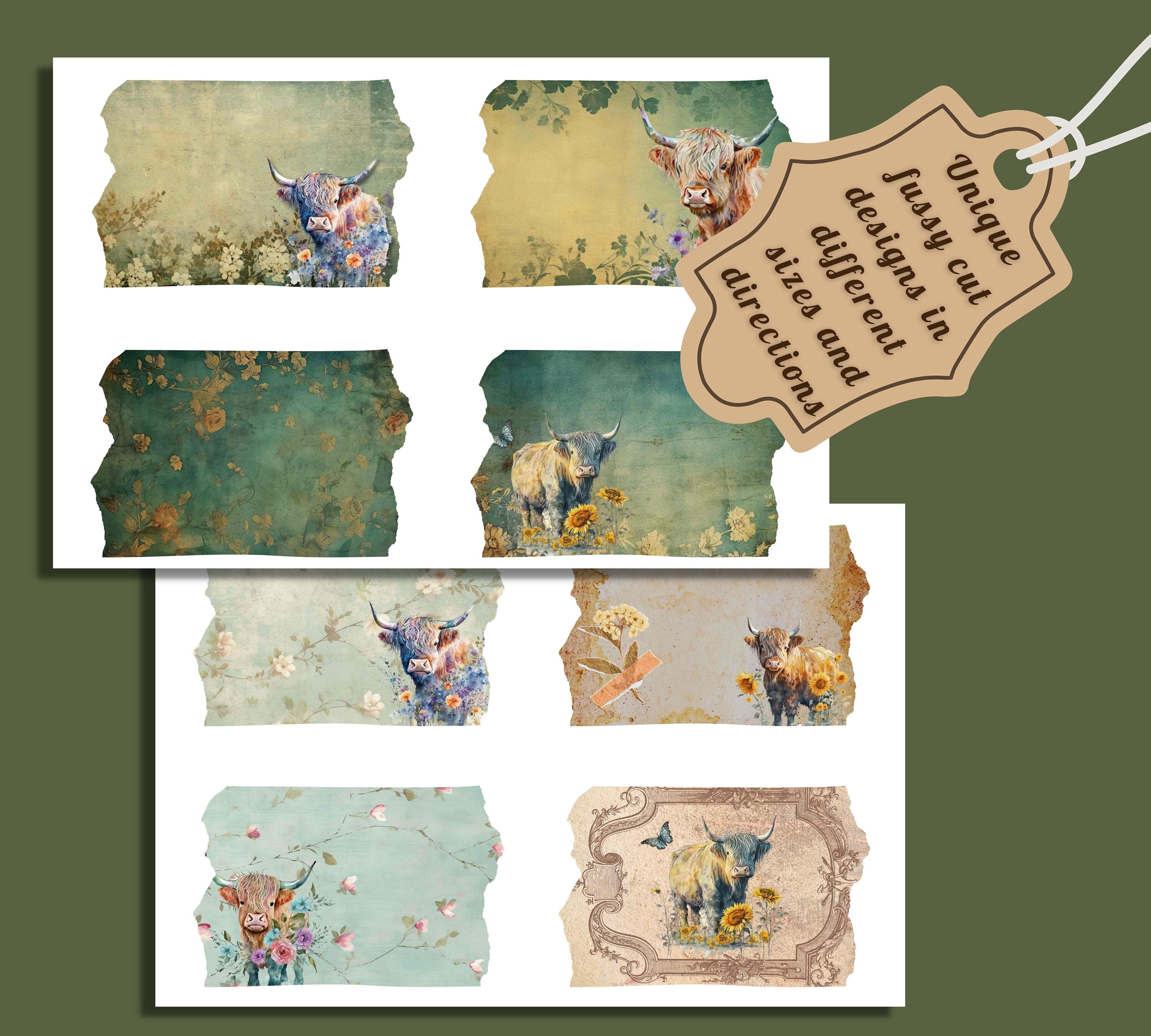 Printable Floral Highland Cow Junk Journal Pages and Fussy Cuts Kit ...