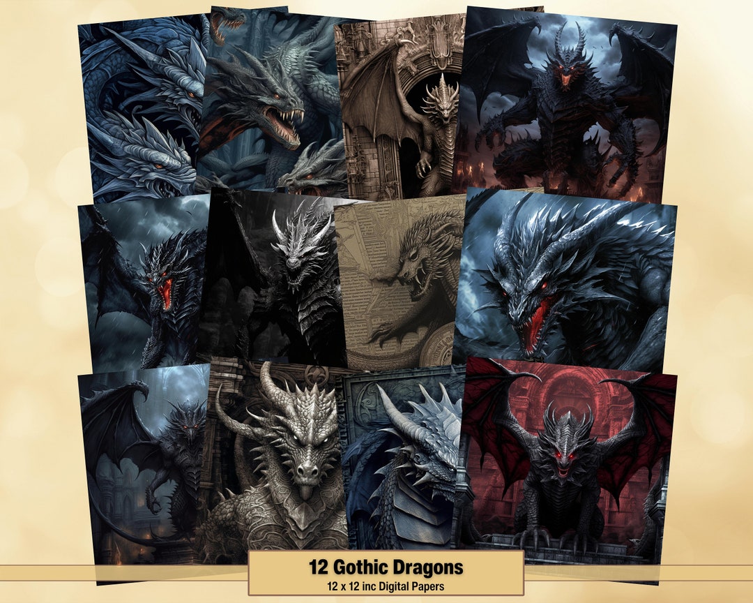 Printable Gothic Dragons Digital Paper, Dark Fantasy Pages, Dragon ...