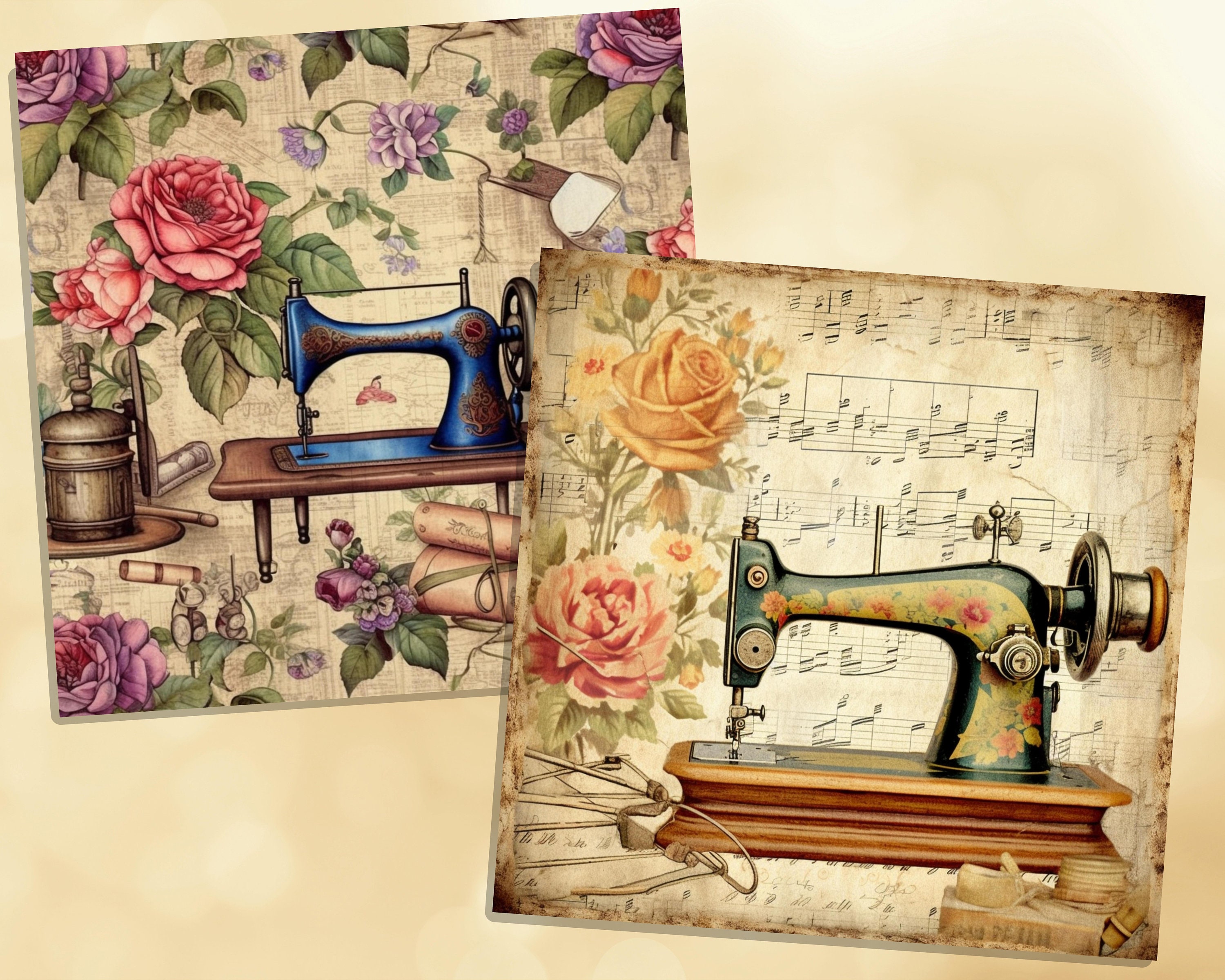 Printable Vintage Sewing Digital Papers, Sewing Machine Pages, Shabby ...