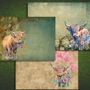 Printable Floral Highland Cow Digital Paper, Vintage Ephemera ...
