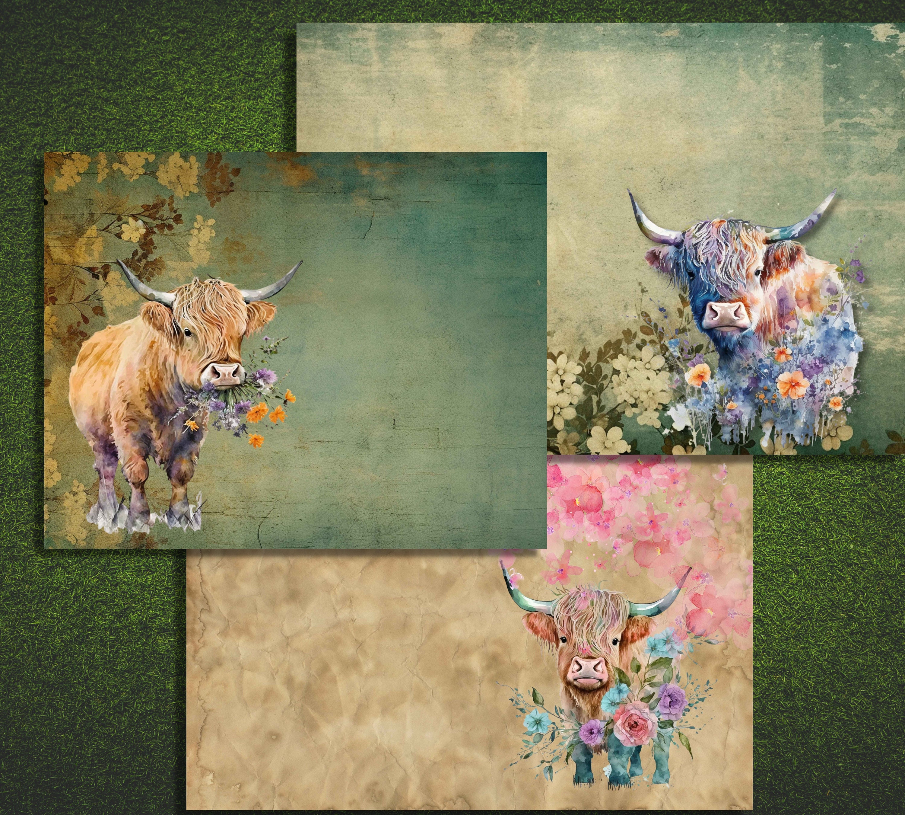 Printable Floral Highland Cow Digital Paper, Vintage Ephemera ...