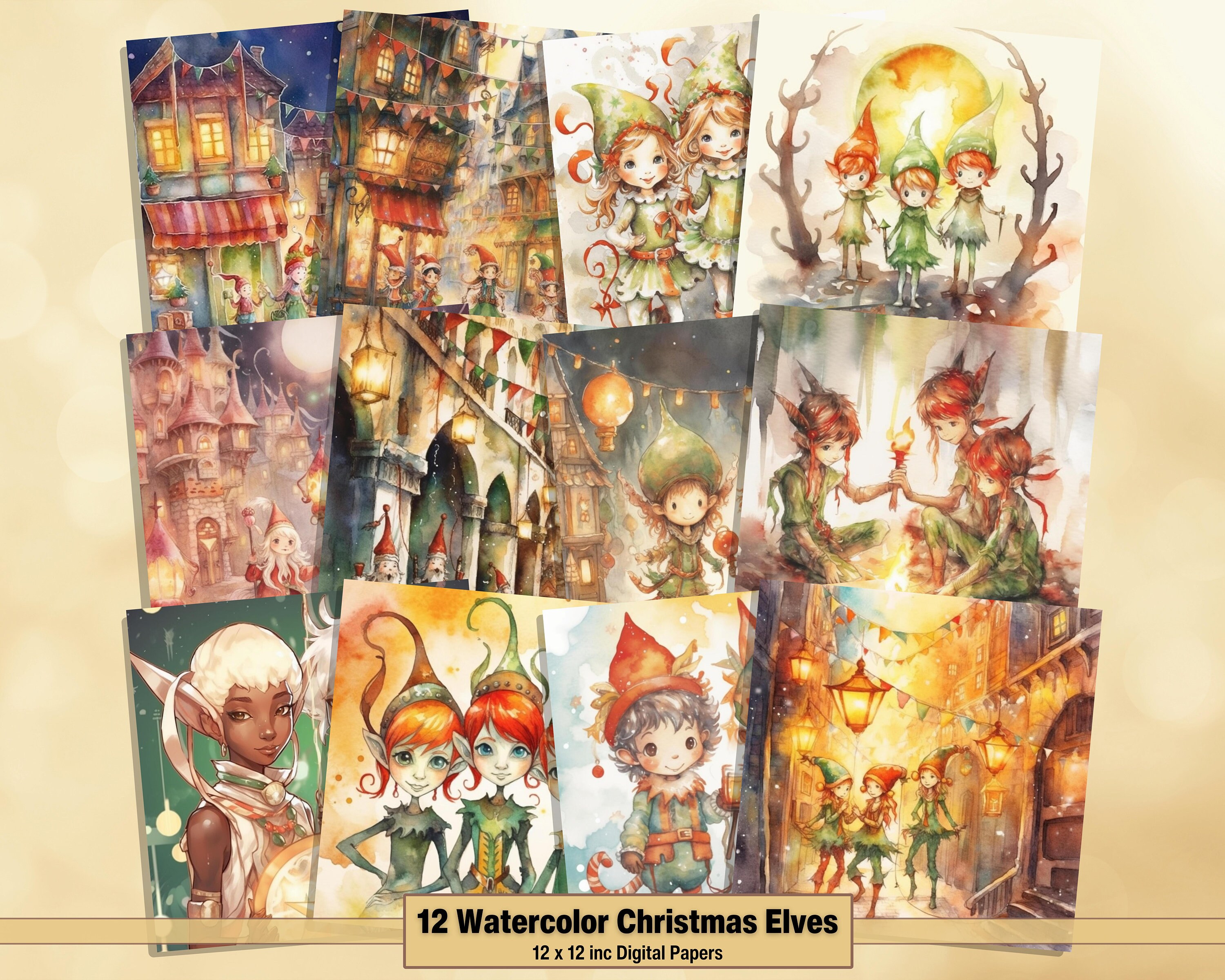 Printable Watercolor Elves Christmas Digital Papers, Elf Pages, Xmas ...